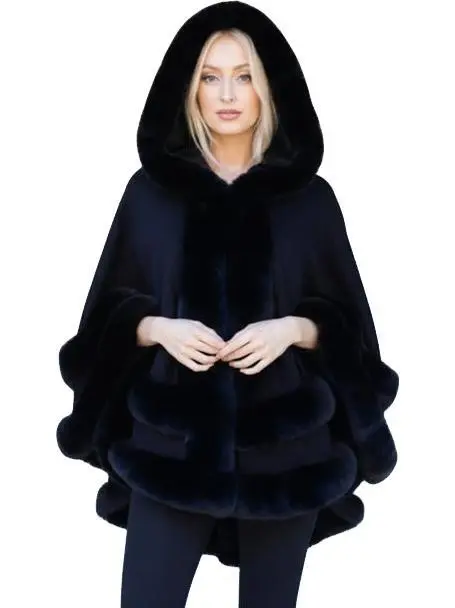 LE FAFO Hooded Wool Cape Poncho - Black