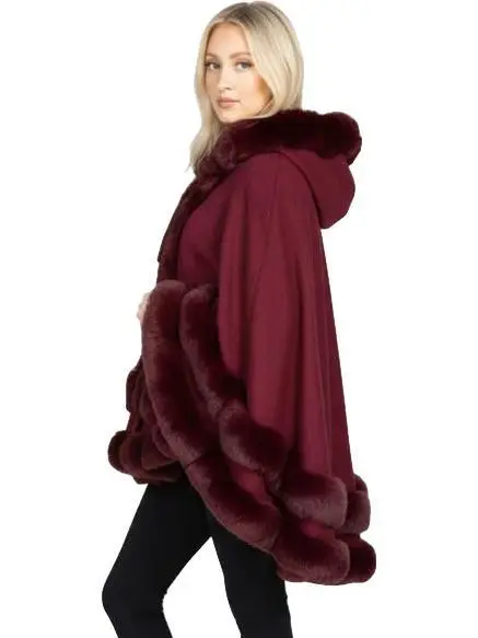 LE FAFO Hooded Wool Cape Poncho - Burgundy