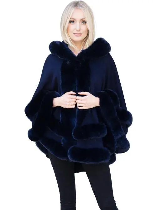 LE FAFO Hooded Wool Cape Poncho - Navy