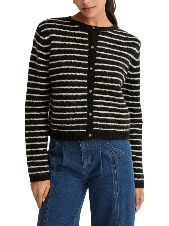 CRESCENT Crew Neck Striped Cardigan - Black/ivory