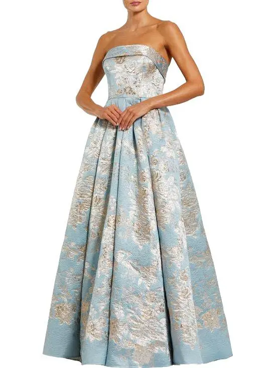 Mac Duggal Floral Brocade Strapless A-line Ballgown - Blue Multi