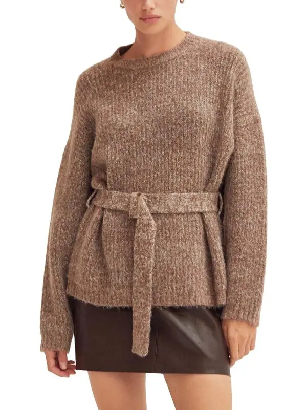 CRESCENT Belted Tunic Sweater - Brown