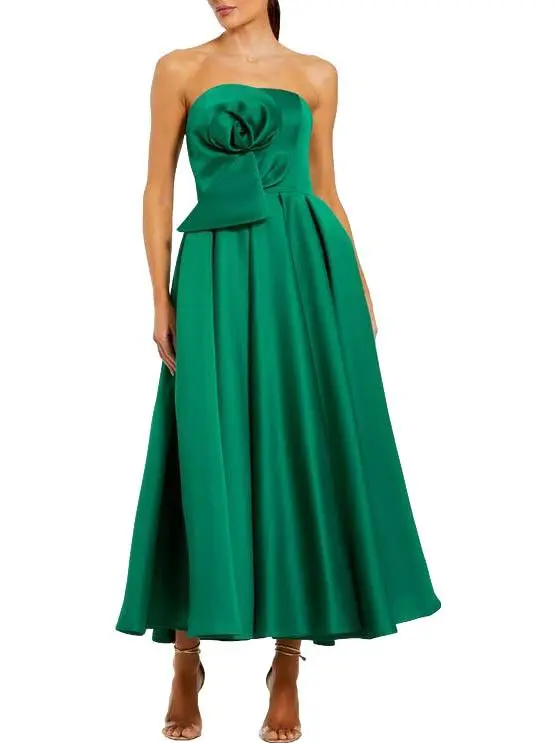 Mac Duggal Strapless Satin A-line Midi Dress With Floral Bodice - Emerald