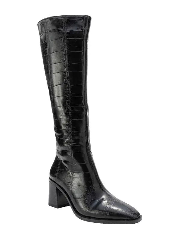 PROLOGUE SHOES Venia Knee High Block Heel Boots - Black Print Faux Leather