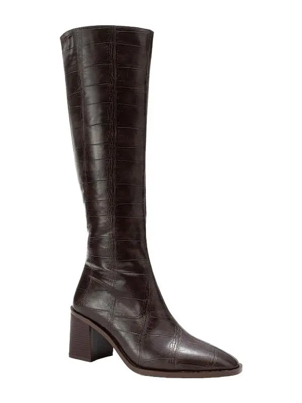 PROLOGUE SHOES Venia Knee High Block Heel Boots - Brown Print Faux Leather