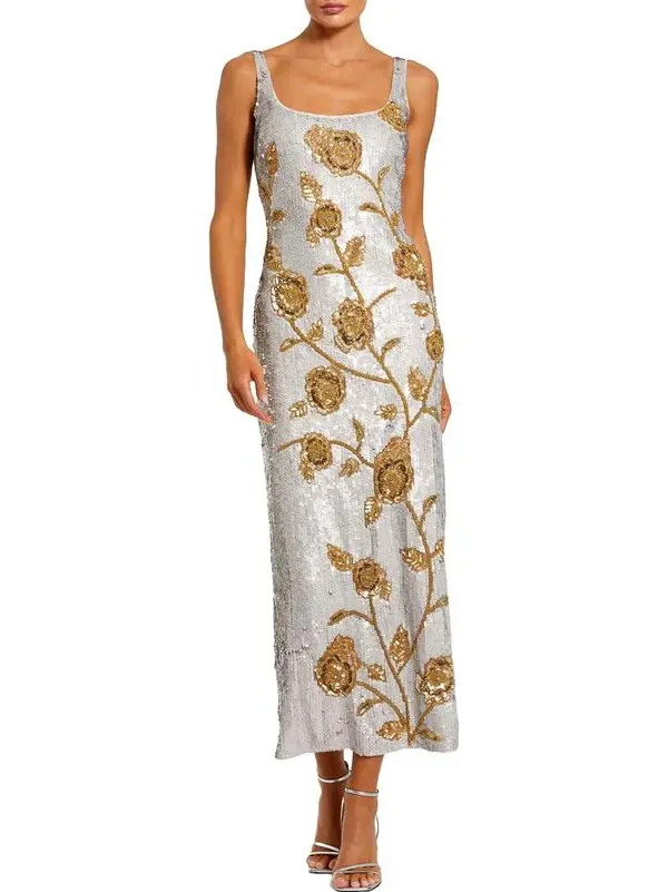 Mac Duggal Embellished Floral Sequin Mesh Midi Dress - Platinum Gold