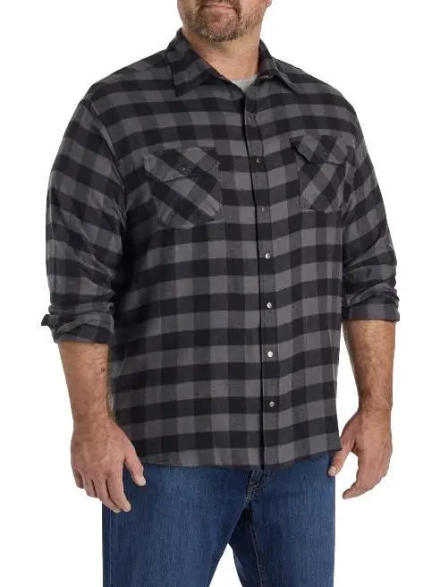 HARBOR BAY BY DXL Big & Tall Small Plaid Flannel Sport Shirt - Black Grey