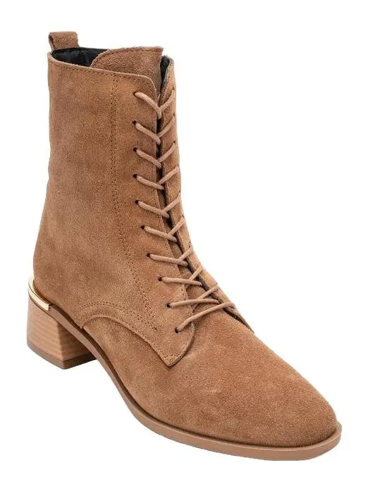 FOREVER & ALWAYS SHOES Leather Block Heel Boots - Cognac Suede Leather