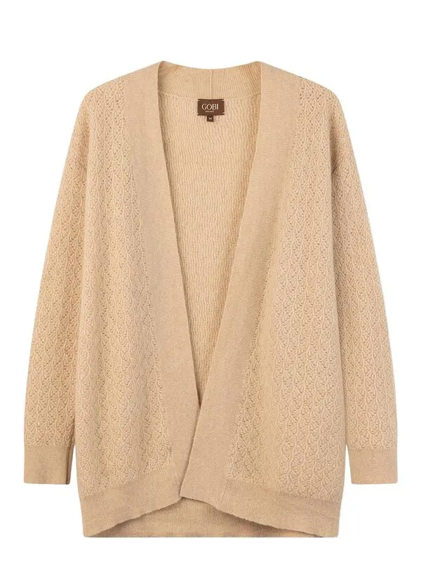 Gobi Cashmere Ajour Knit Open Front Cashmere Cardigan - Taupe