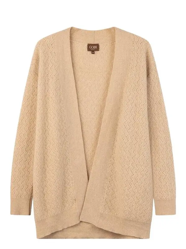 Gobi Cashmere Ajour Knit Open Front Cardigan - Taupe