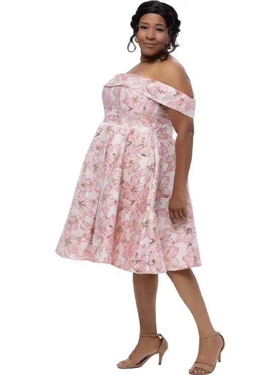 SYDNEY'S CLOSET Brocade Off-the-shoulder A-line Dress - Pink Floral