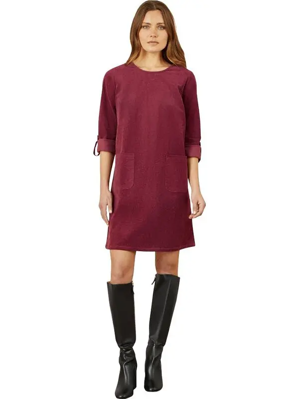 YUMI Cord Tunic Dress With Pockets - Burgundy