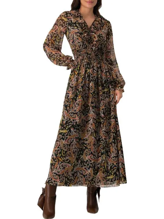 IVONNE Printed Long Dress With Smock Detail - Multicolor