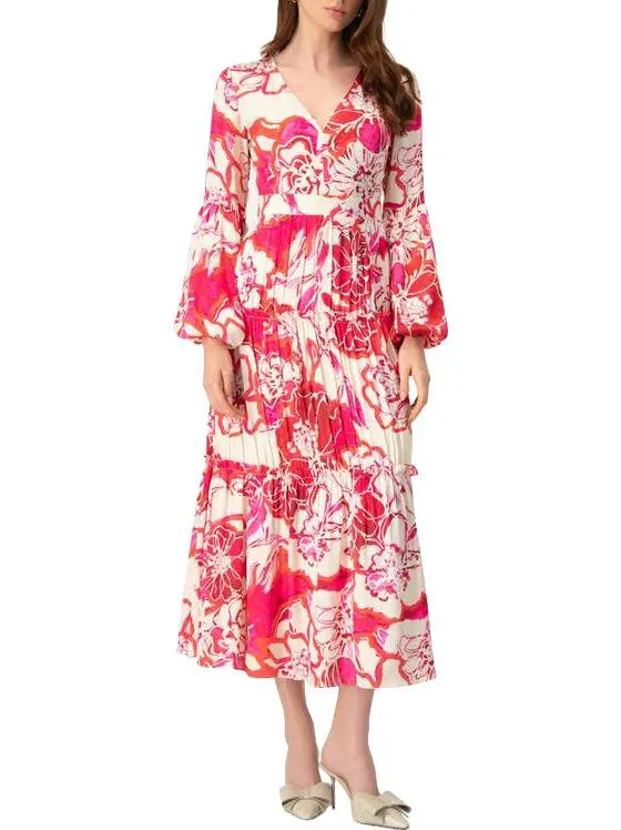 IVONNE Floral Print Maxi Dress With Puff Sleeves - Fuchsia