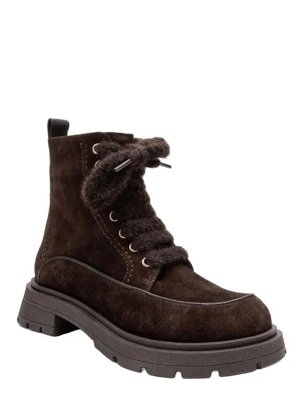 FOREVER & ALWAYS SHOES Mina Leather Combat Boot - Brown Suede Leather