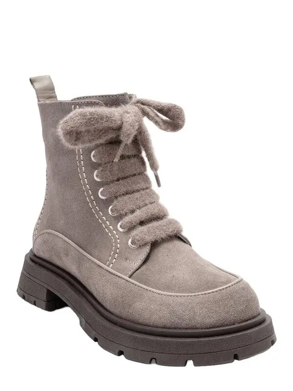 FOREVER & ALWAYS SHOES Mina Leather Combat Boot - Grey Suede Leather