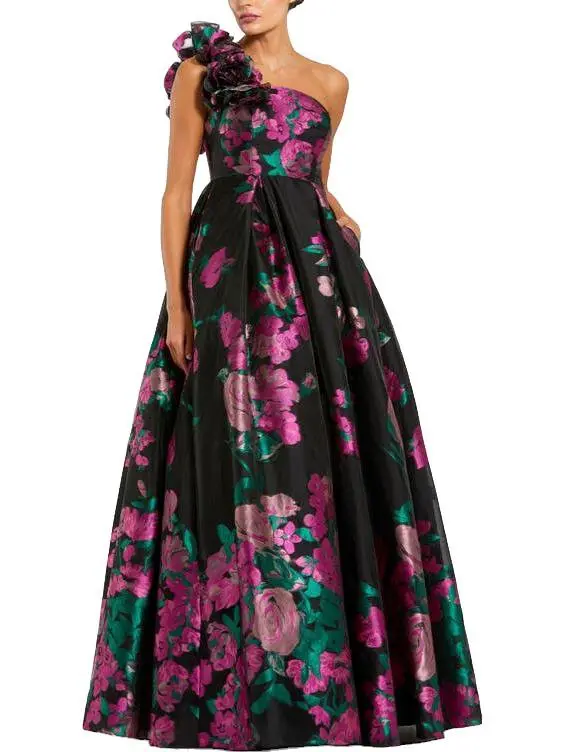 Mac Duggal Floral Brocade One-shoulder Ballgown - Black Multi