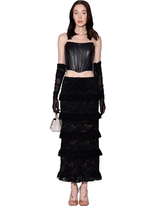 Walter Baker Ruffle Detail Skirt - Black Lace