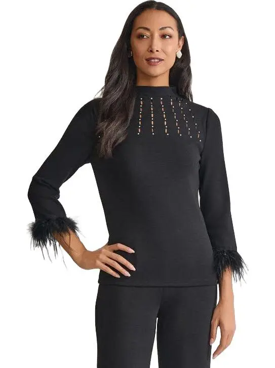 Ming Wang Embellished High Neck Knit Top - Black/white