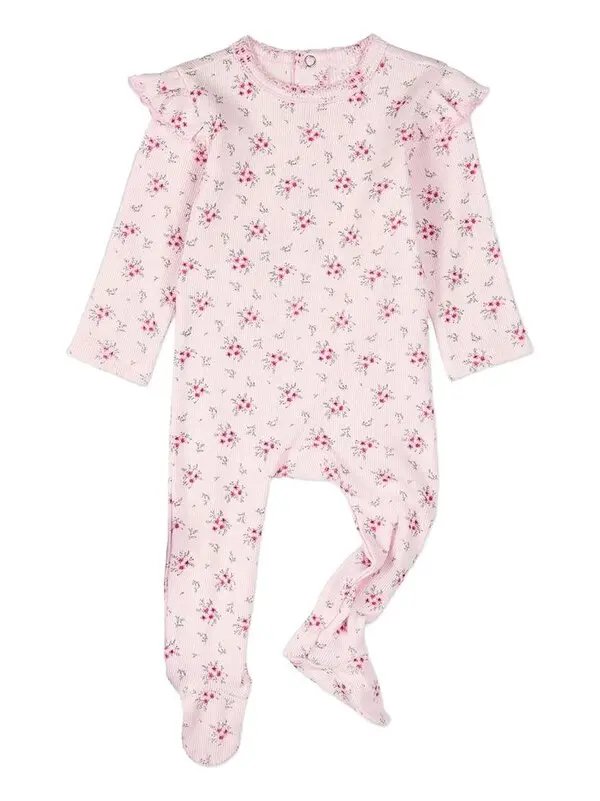 MINIMOI Floral-print Footie With Ruffle Sleeves - Pink