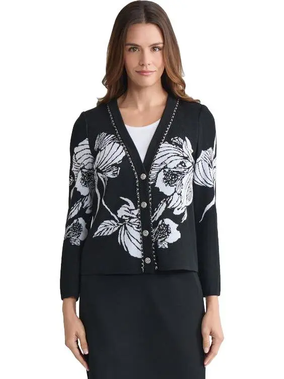 Ming Wang Floral Jacquard Knit Cardigan With Chain Trim - Black/white