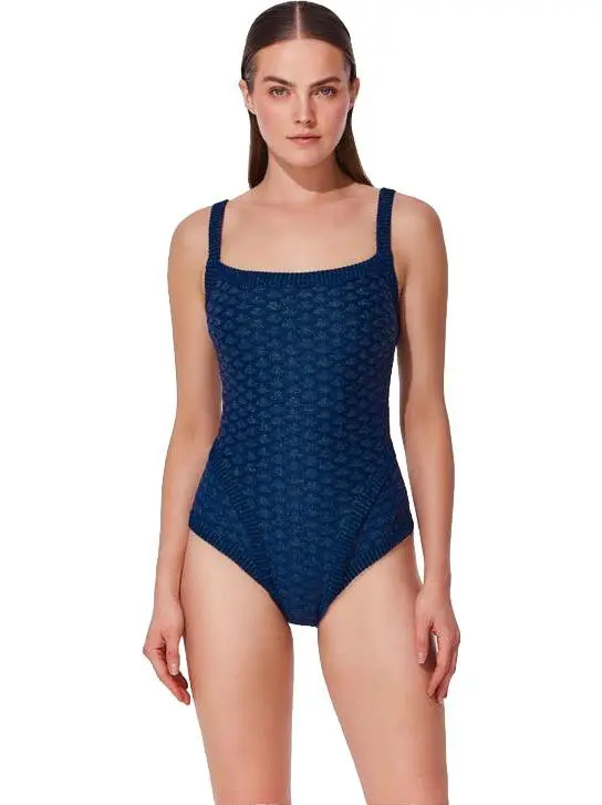 GOTTEX Scaled Up Square Neck Knit One Piece - Navy-turquoise