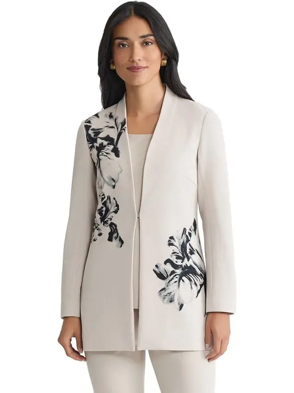 Ming Wang Heritage Embroidered Stretch Deco Crepe Jacket - Limestone/black
