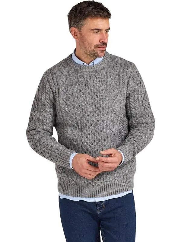 RAGING BULL Chunky Cable Crew Neck Knit Sweater - Grey Marl