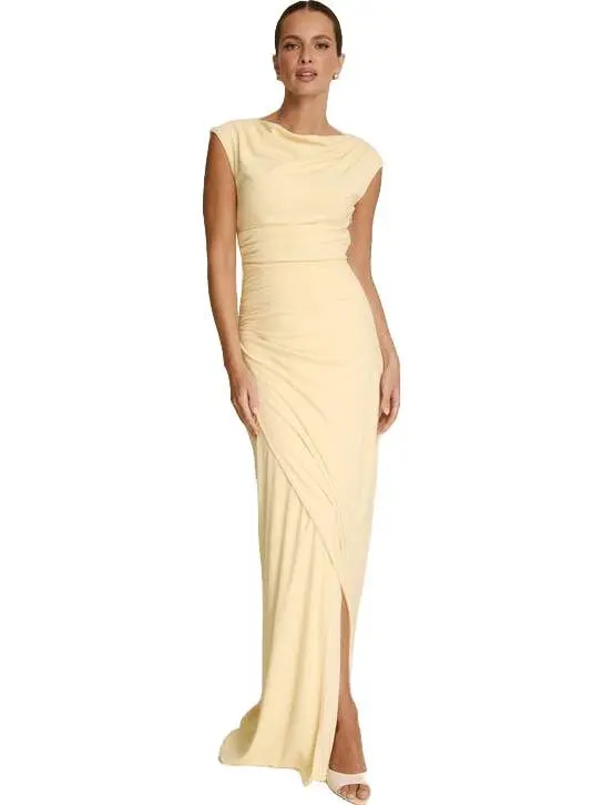 SIX STORIES Cowl Gathered Short Sleeve Bridesmaid Dress - Lemon