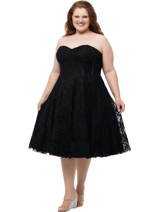 SYDNEY'S CLOSET Sweetheart Strapless Lace Bustier Tea-length Dress - Black
