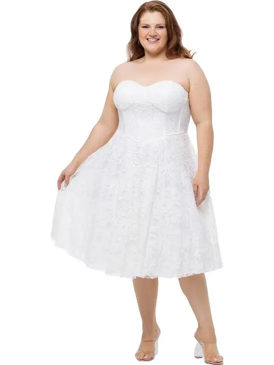 SYDNEY'S CLOSET Sweetheart Strapless Lace Bustier Tea-length Dress - Diamond White