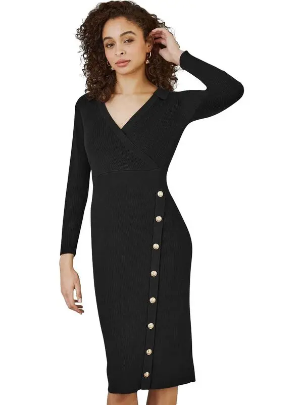YUMI Knitted Button Detailed Midi Dress - Black