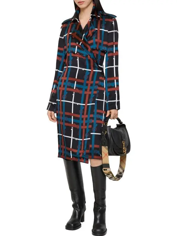 Burberry Belt Check Viscose Trench Wrap Dress - Petrol Blue
