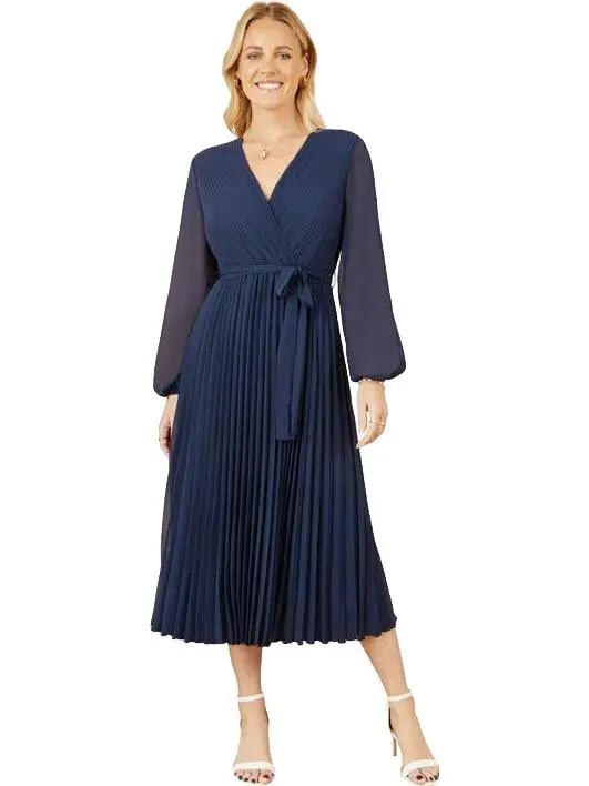 YUMI Long Sleeved Pleated Midi Wrap Dress - Navy