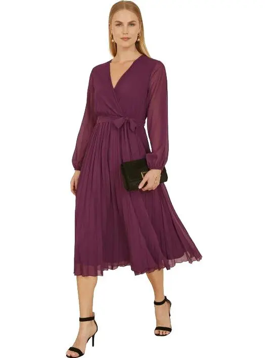 YUMI Long Sleeved Pleated Midi Wrap Dress - Plum