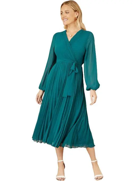 YUMI Long Sleeved Pleated Midi Wrap Dress - Teal