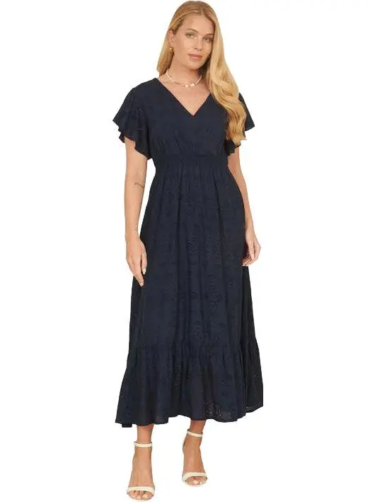 YUMI Cotton Broderie Anglaise Wrap Midi Dress - Navy