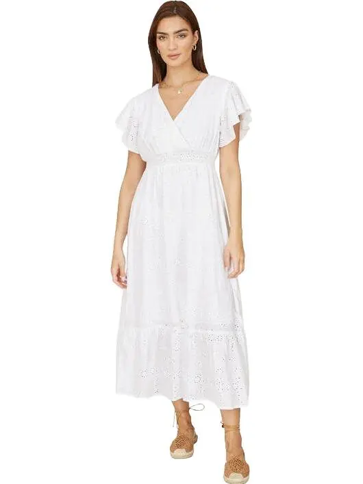 YUMI Cotton Broderie Anglaise Wrap Midi Dress - White
