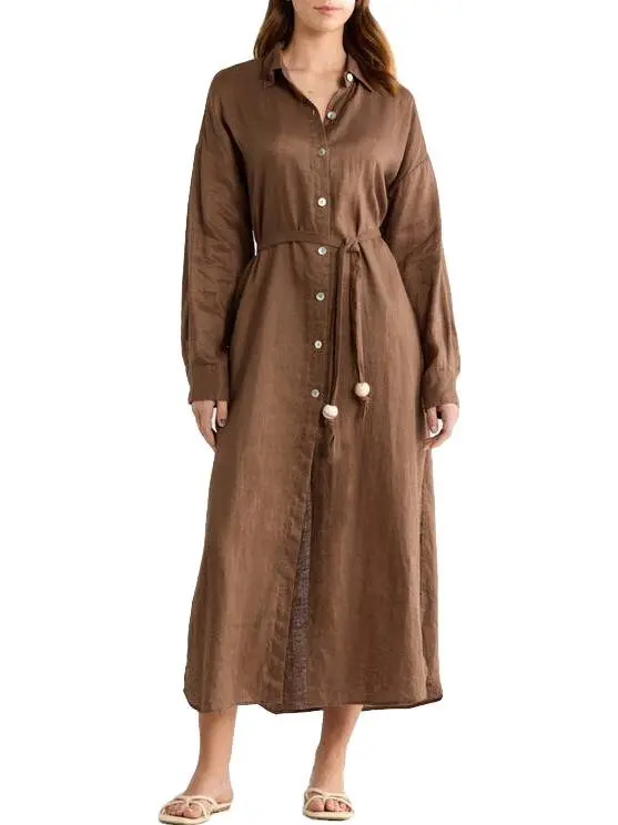 Elan Linen Maxi Shirtdress - Brown