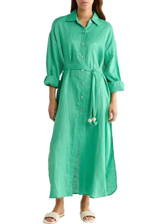 Elan Linen Maxi Shirtdress - Green