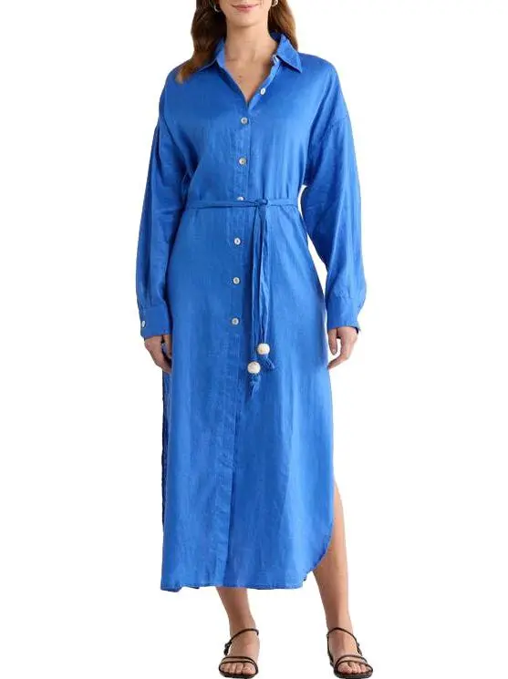 Elan Linen Maxi Shirtdress - Sapphire Blue