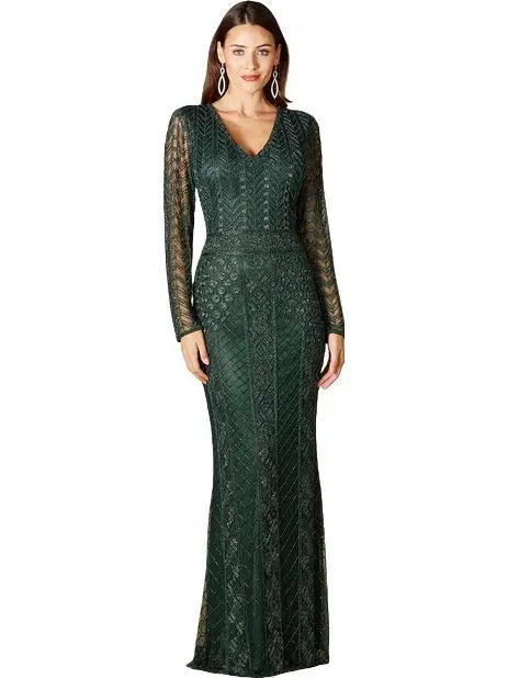 LARA NEW YORK Long Sleeve Beaded Tulle Dress - Green