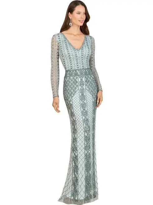 LARA NEW YORK Long Sleeve Beaded Tulle Dress - Lightblue