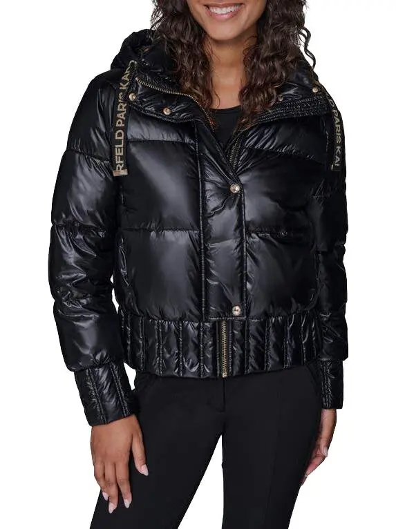Karl Lagerfeld Paris Cropped Puffer Bomber Jacket - Black