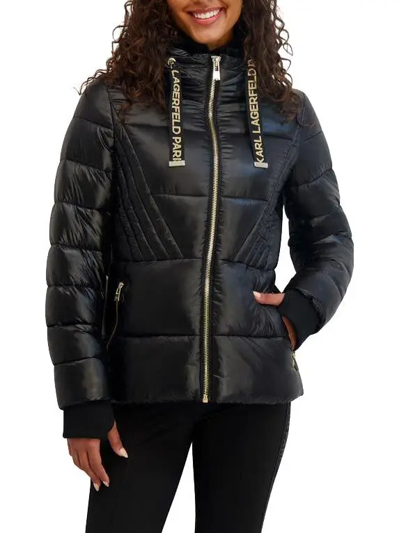 Karl Lagerfeld Paris Logo Tape Belted Quilted Puffer Jacket - Black