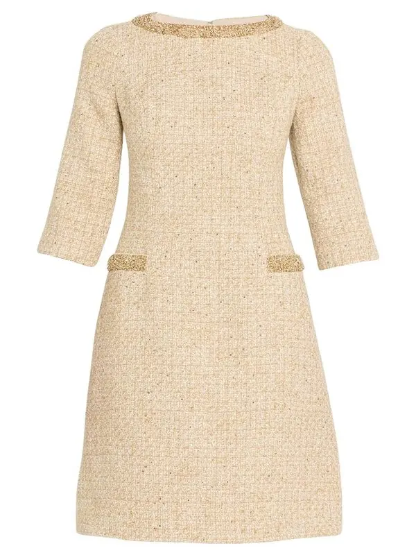 Rickie Freeman For Teri Jon Metallic Boucle A-line Dress With Jewel Trim - Gold Multi