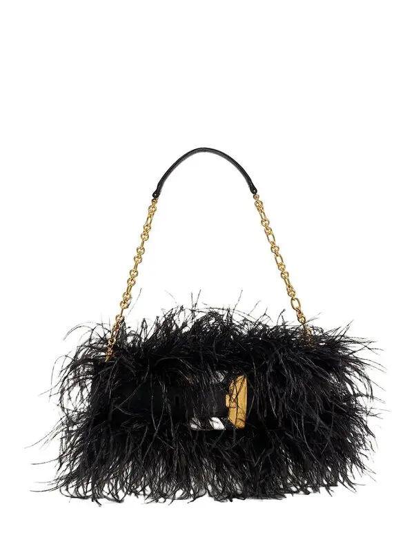 Balmain Anthem Belted Feather Clutch - Noir