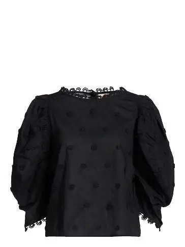 Farm Rio Woven Top With Floral Appliqués - Black