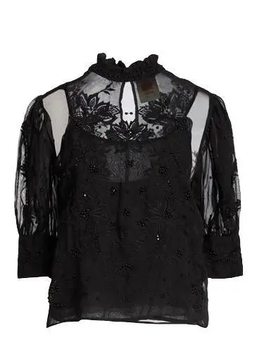 Farm Rio Appliquéd Organza Top - Black