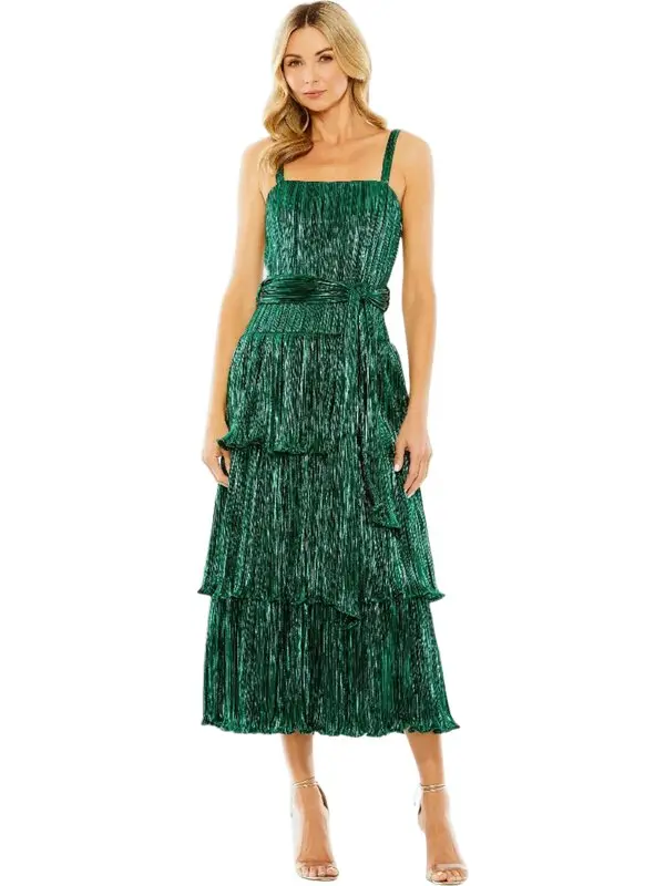 Mac Duggal Metallic Pliss Tiered Ruffle Dress - Green